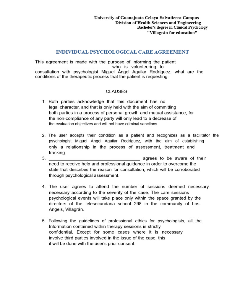 INDIVIDUAL PSYCHOLOGICAL CARE AGREEMENT | PDF | Psychology | Psychologist