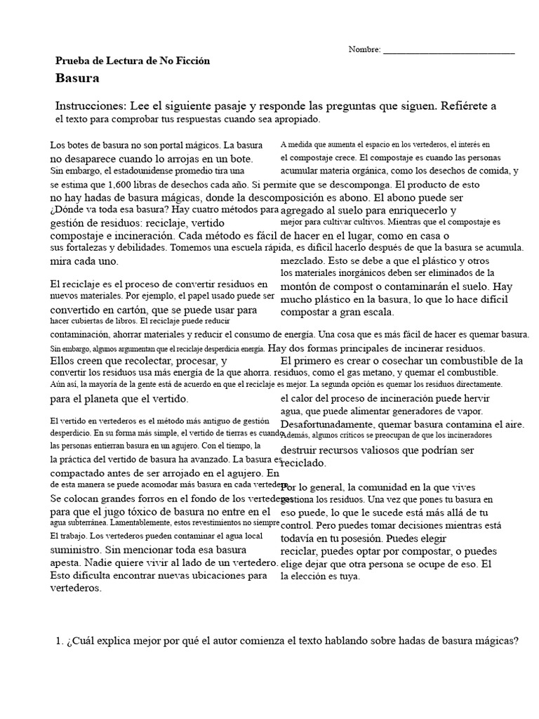 Prueba de Lectura de No Ficción Basura | PDF | Residuos | Reciclaje