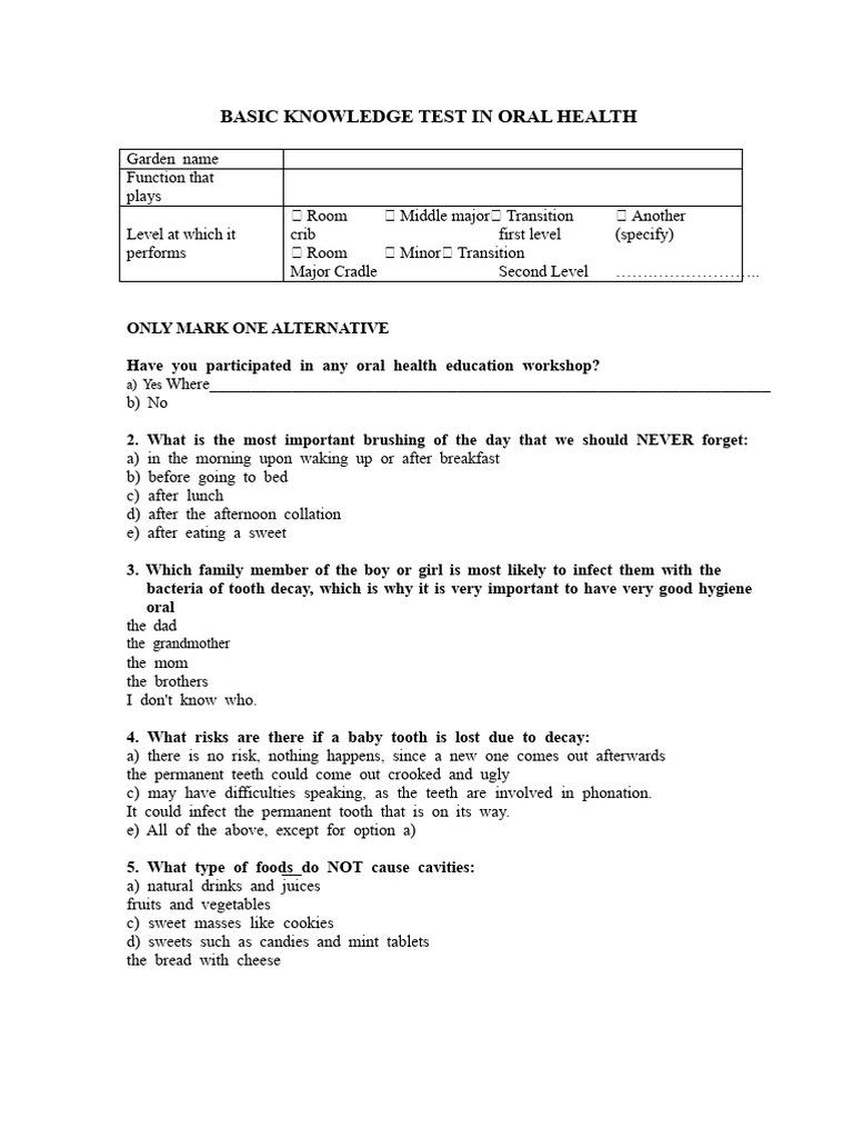 Basic Knowledge Test in Oral Health Adjusted | PDF | Mouth | Dentistry ...