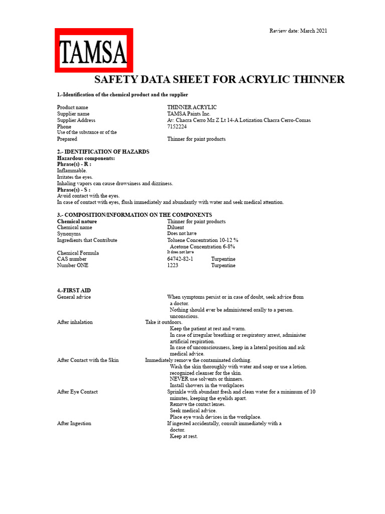 Safety Data Sheet Acrylic Thinner | PDF | Firefighting | Acetic Acid