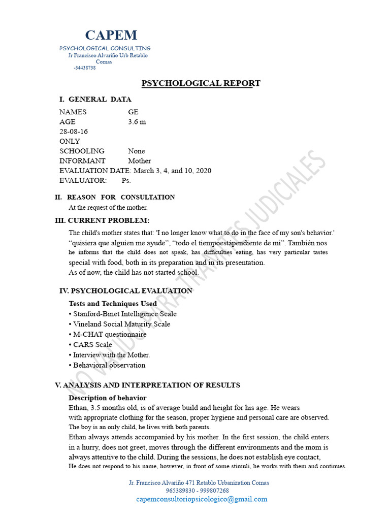 Model 2 Psychological Report | PDF | Autism | Psychology