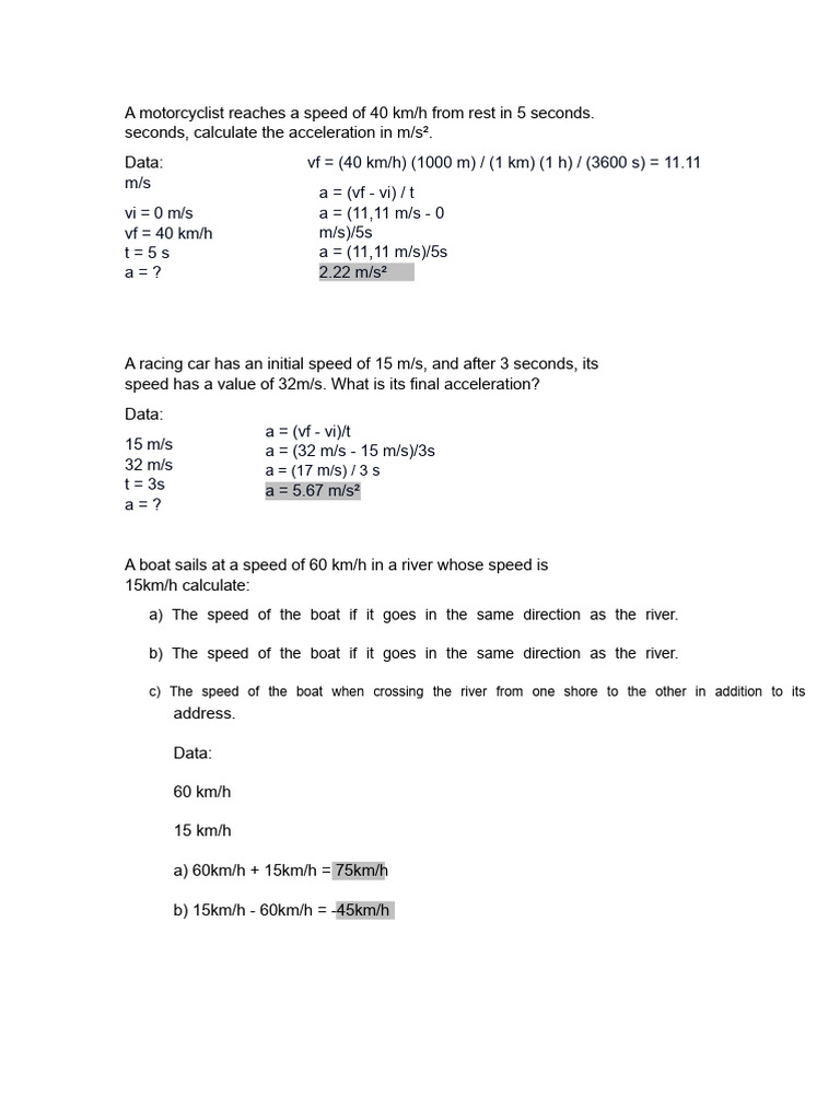 Physics Exercises on Motion and Acceleration | PDF | Speed | Physical ...