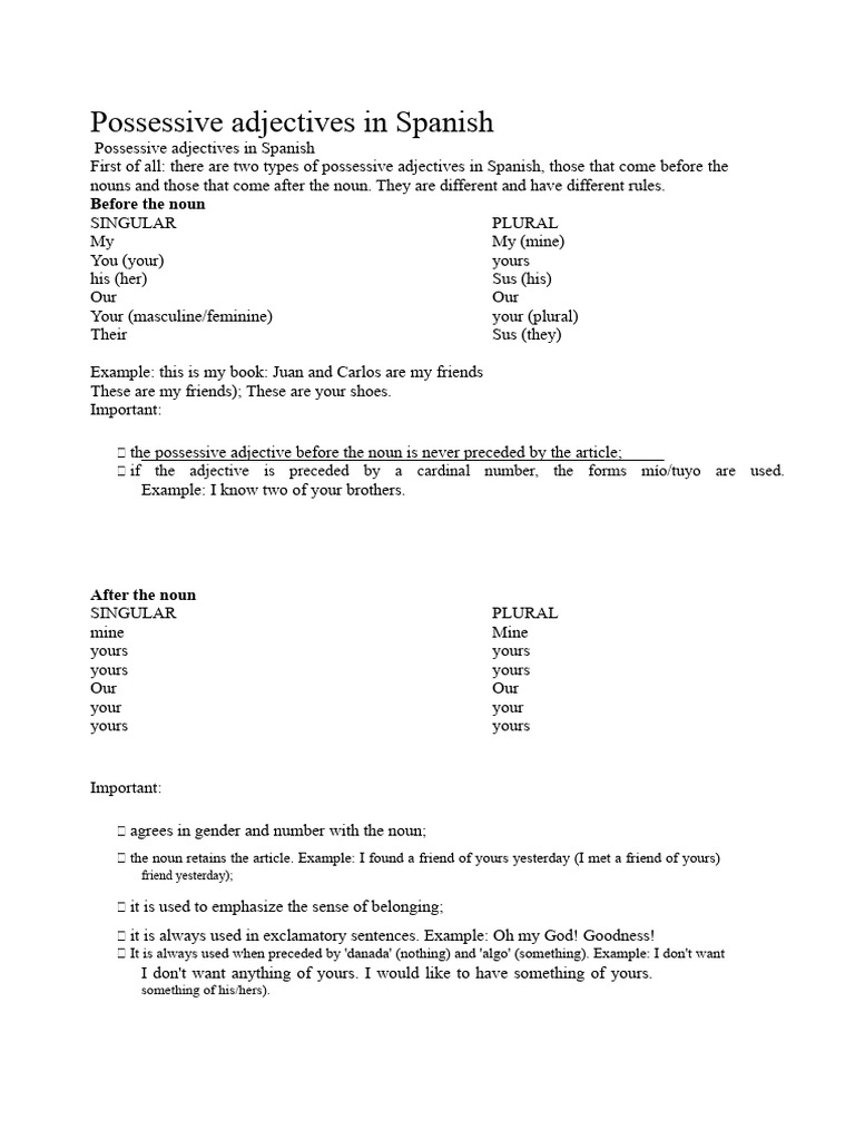 Spanish Possessive & Demonstrative Adjectives | PDF | Grammatical ...