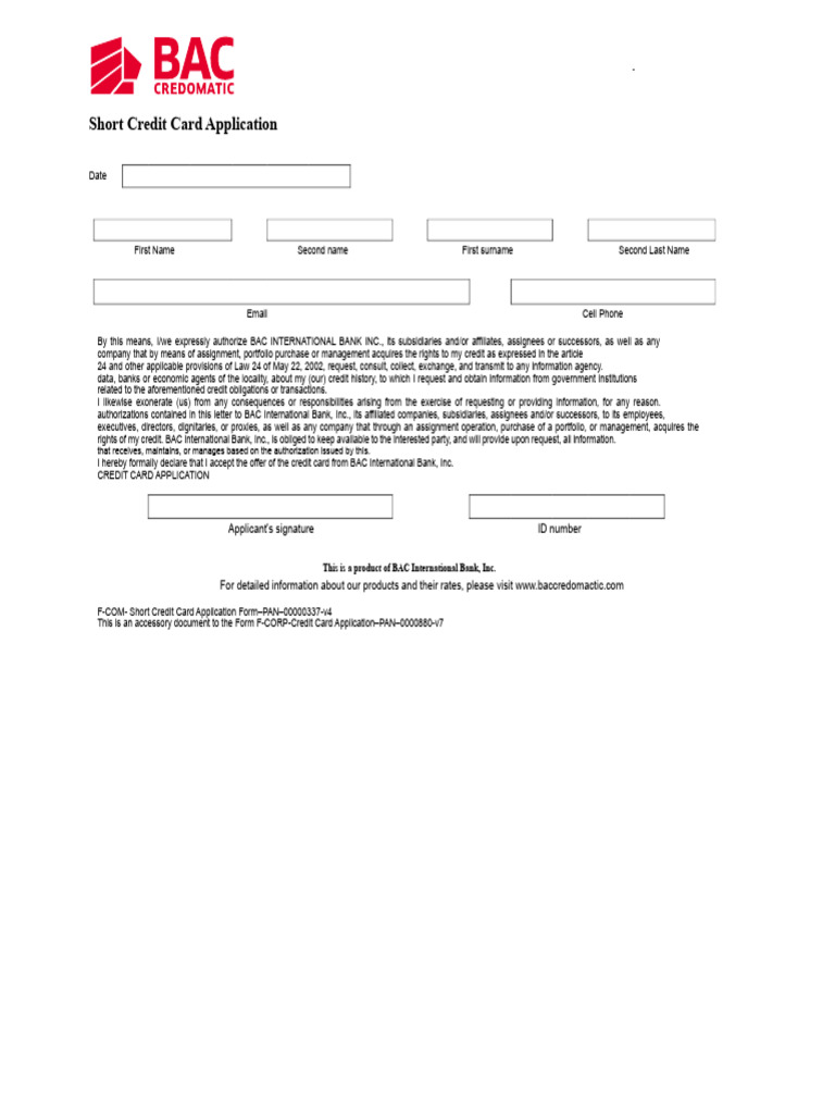 F-COM Short Application Form For Credit Card Projects - PAN-0000337 V4 ...
