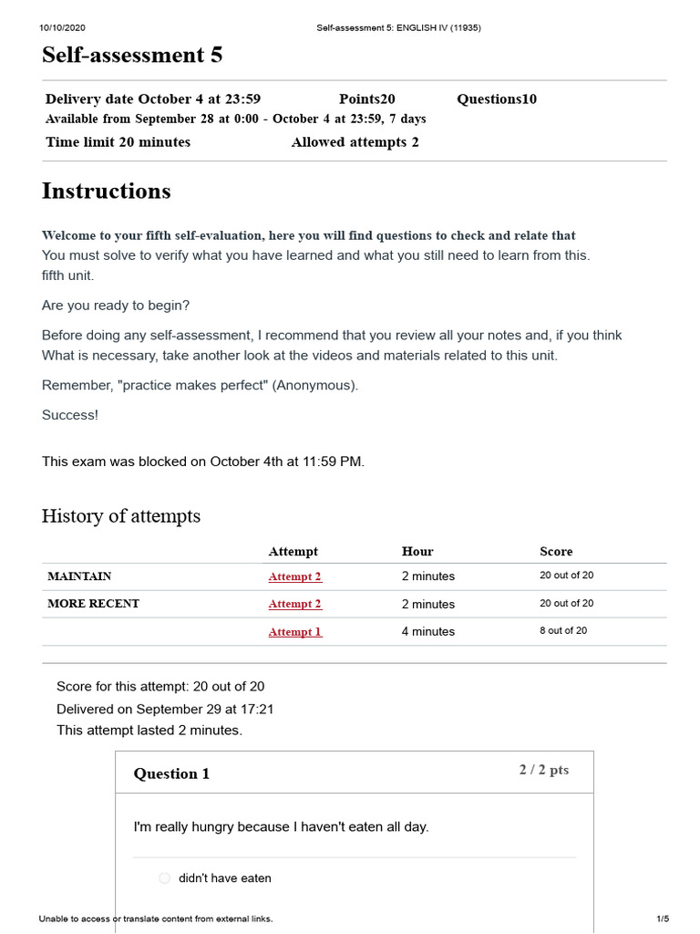 Self-Assessment 5 - ENGLISH IV (11935) | PDF