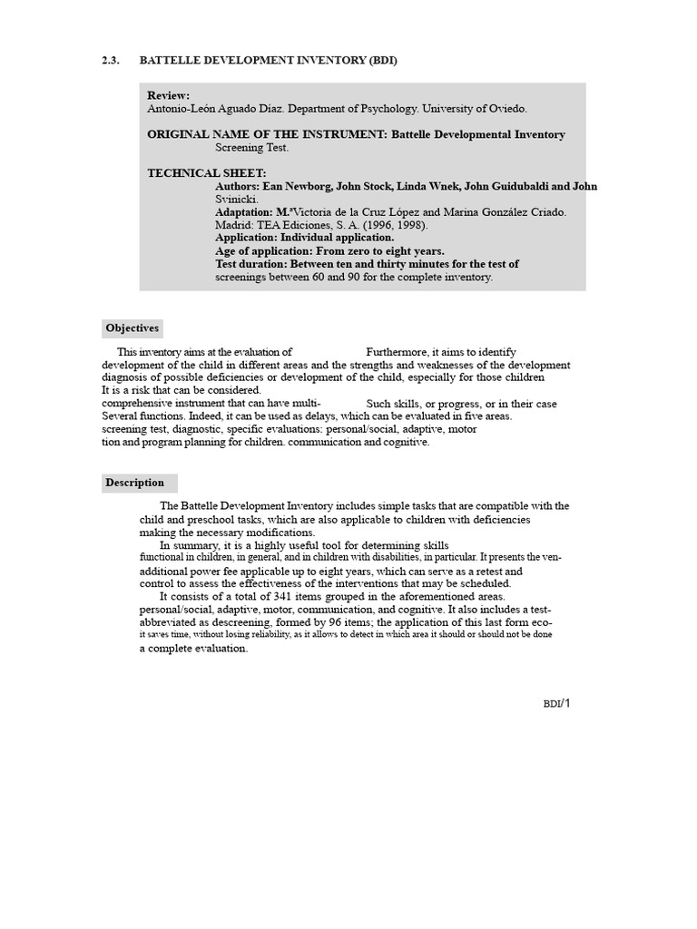 BDI - Battelle Development Inventory | PDF | Validity (Statistics ...