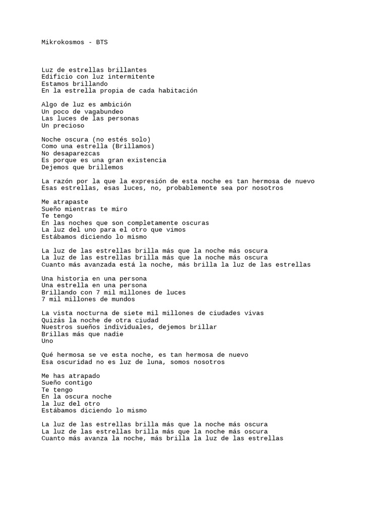 Letra en español de "Mikrokosmos" de BTS | PDF