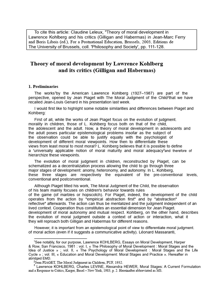 Theory of Moral Development by Lawrence Kohlberg and Its Critiques ...