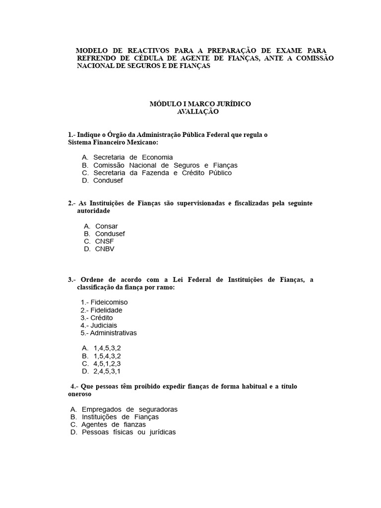 Modelo de Reativos para Exame Ante A CNSF | PDF | Crédito | Finanças e ...