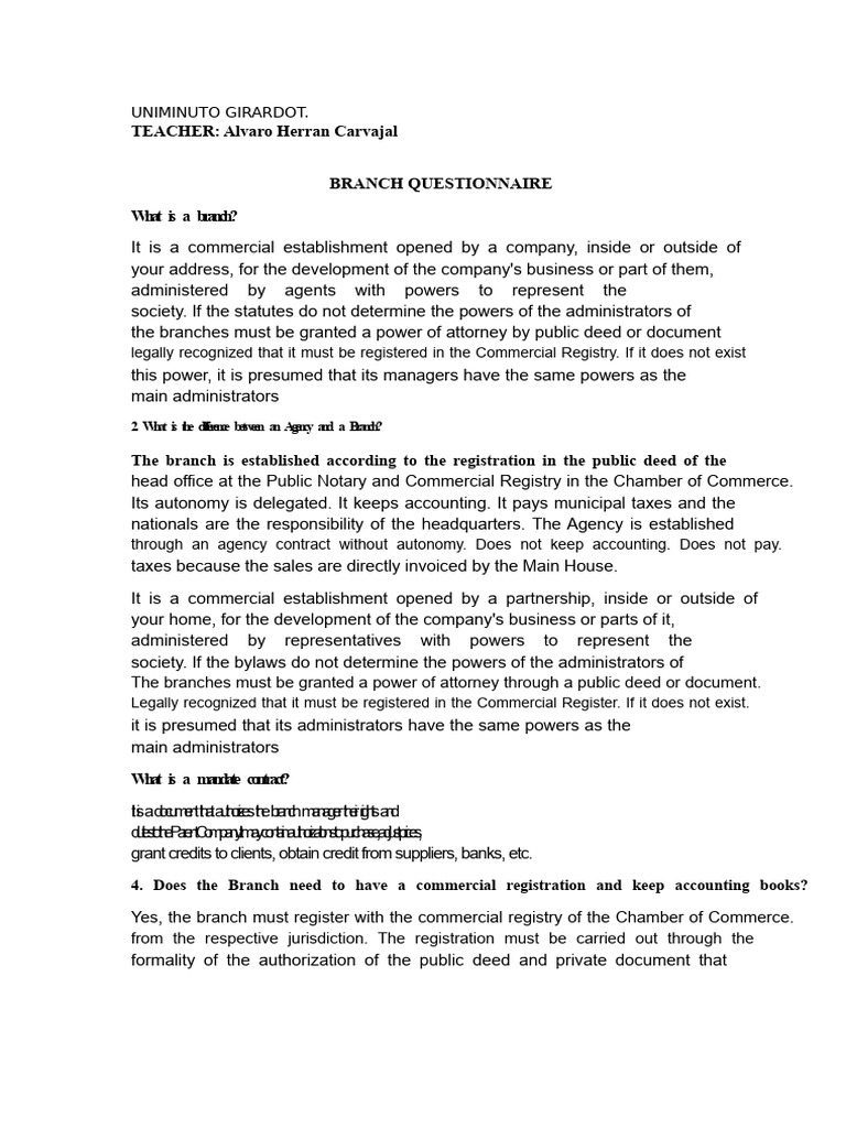 Questionnaire No. 2 About Branches | PDF | Deed | Business