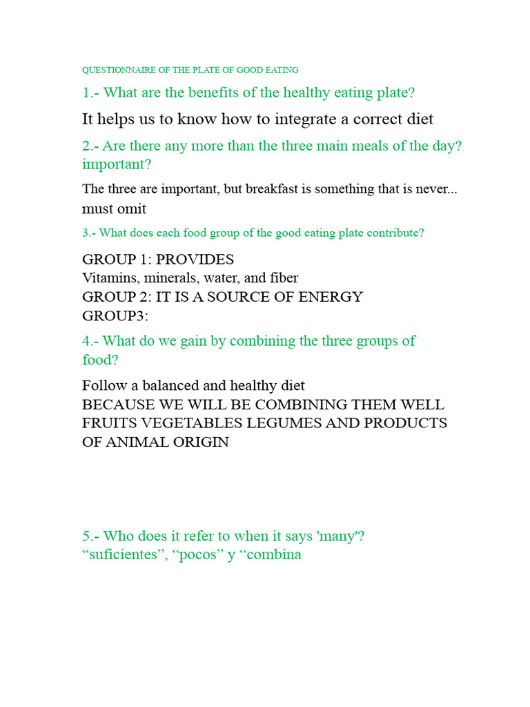 Questionnaire of The Plate of Good Eating 2 | PDF