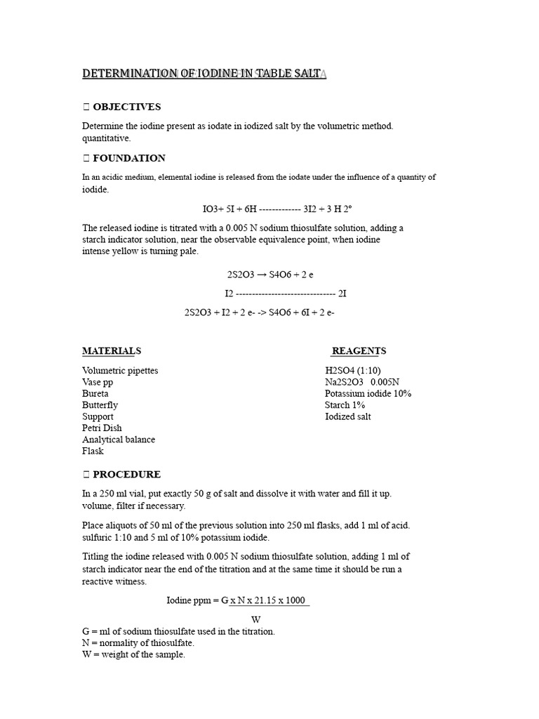 Iodine Determination in Table Salt | PDF