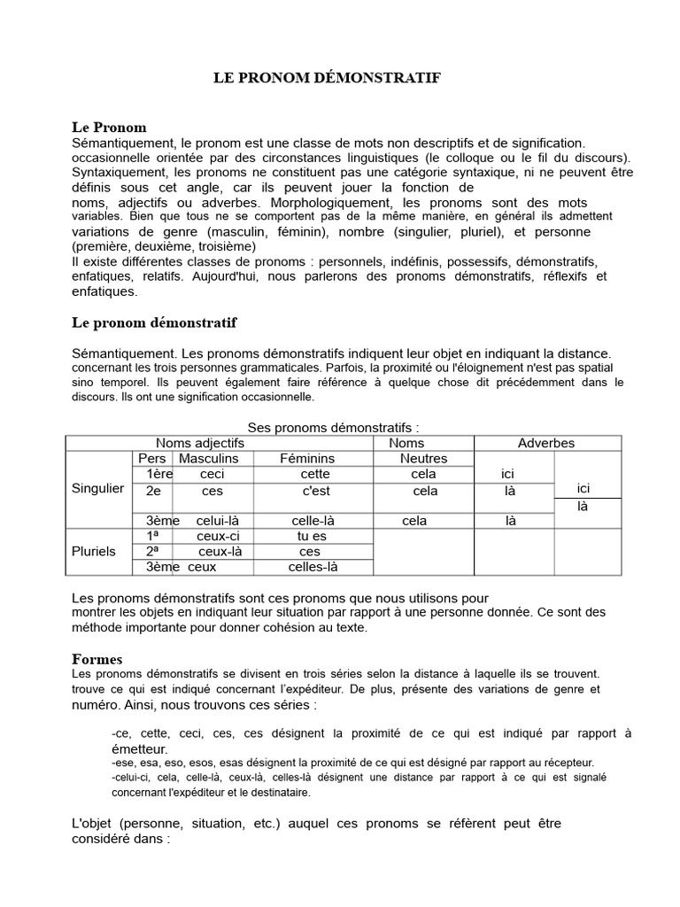 Le Pronom Démonstratif | PDF | Genre grammatical | Nombre grammatical