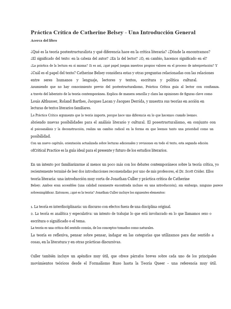 Introducción a la Práctica Crítica de Belsey | PDF | Deconstruccion ...