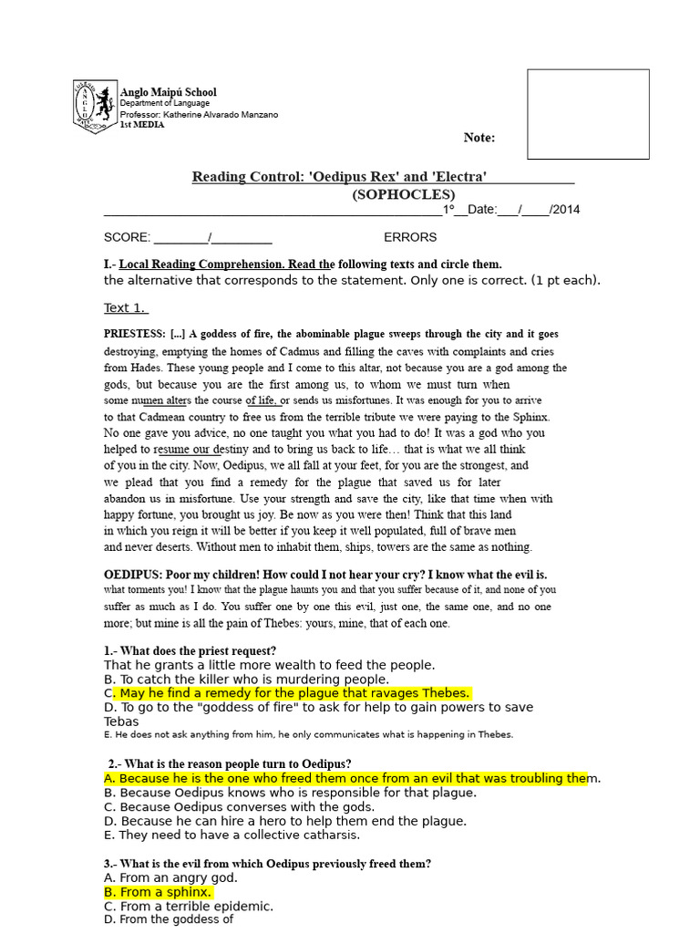 Oedipus Rex and Electra Reading Control | PDF | Oedipus
