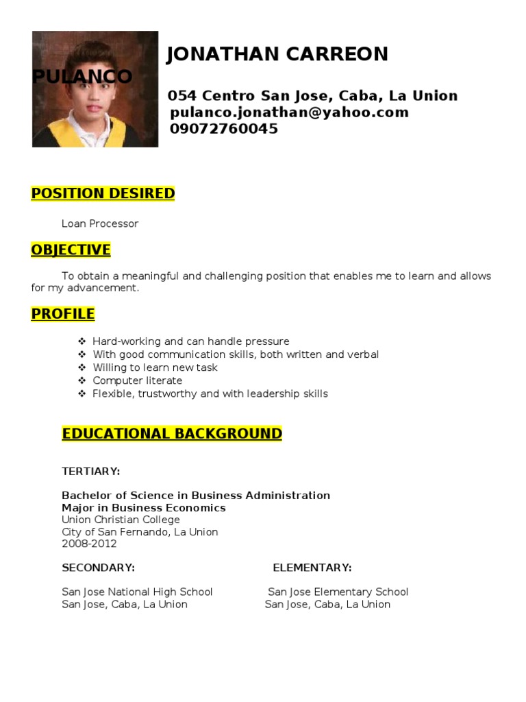 Jonathan Carreon: Loan Processor Resume | PDF | Career & Growth | Wellness