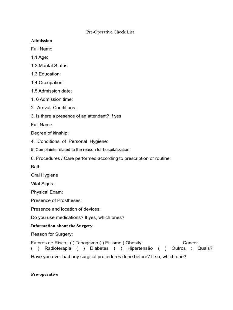Pre-operative checklist | PDF | Amputation | Pain