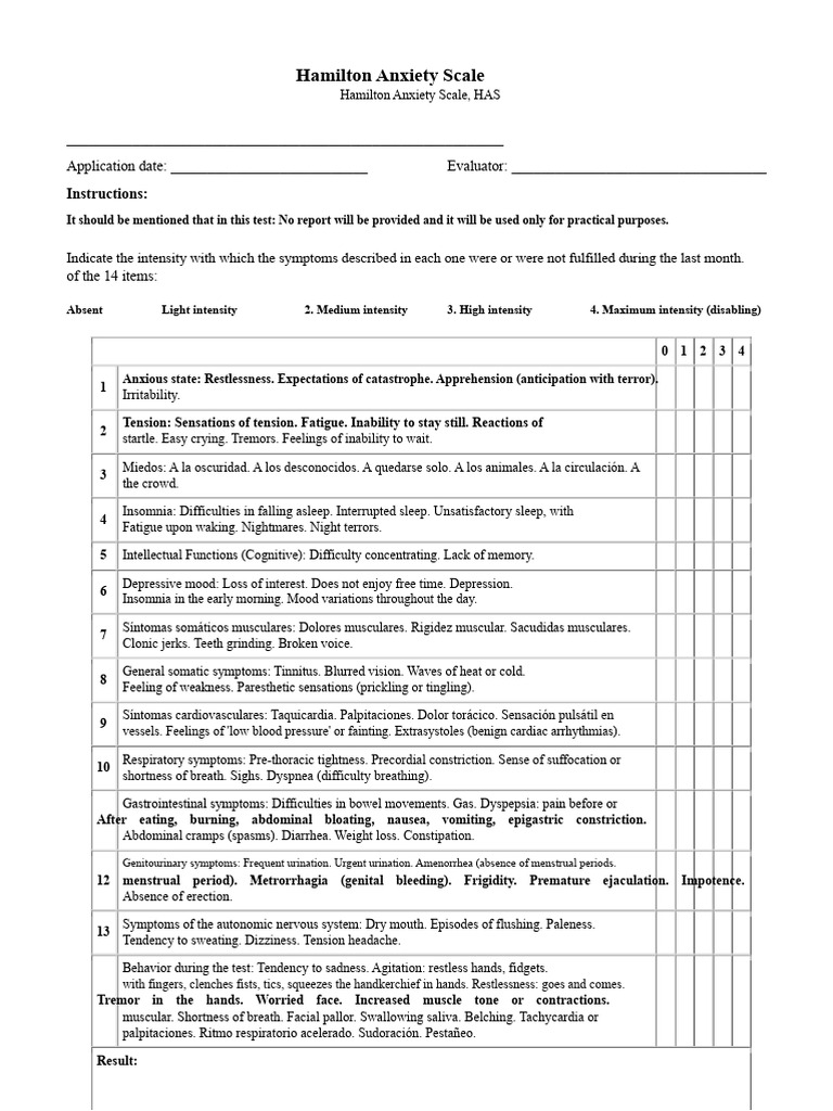 Format Hamilton Anxiety Scale LMSG 2016 | PDF | Anxiety | Major ...