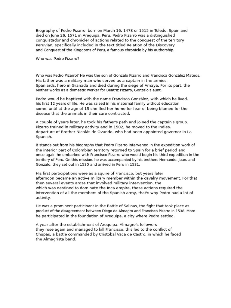 Biography of Pedro Pizarro | PDF | Francisco Pizarro | European ...