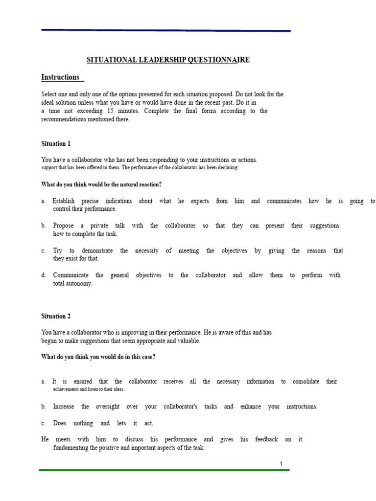 Situational Leadership Questionnaire Guide | PDF | Methodology | Leadership