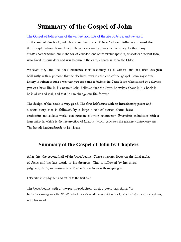 Summary of the Gospel of John | PDF | Jesus | Gospel Of John
