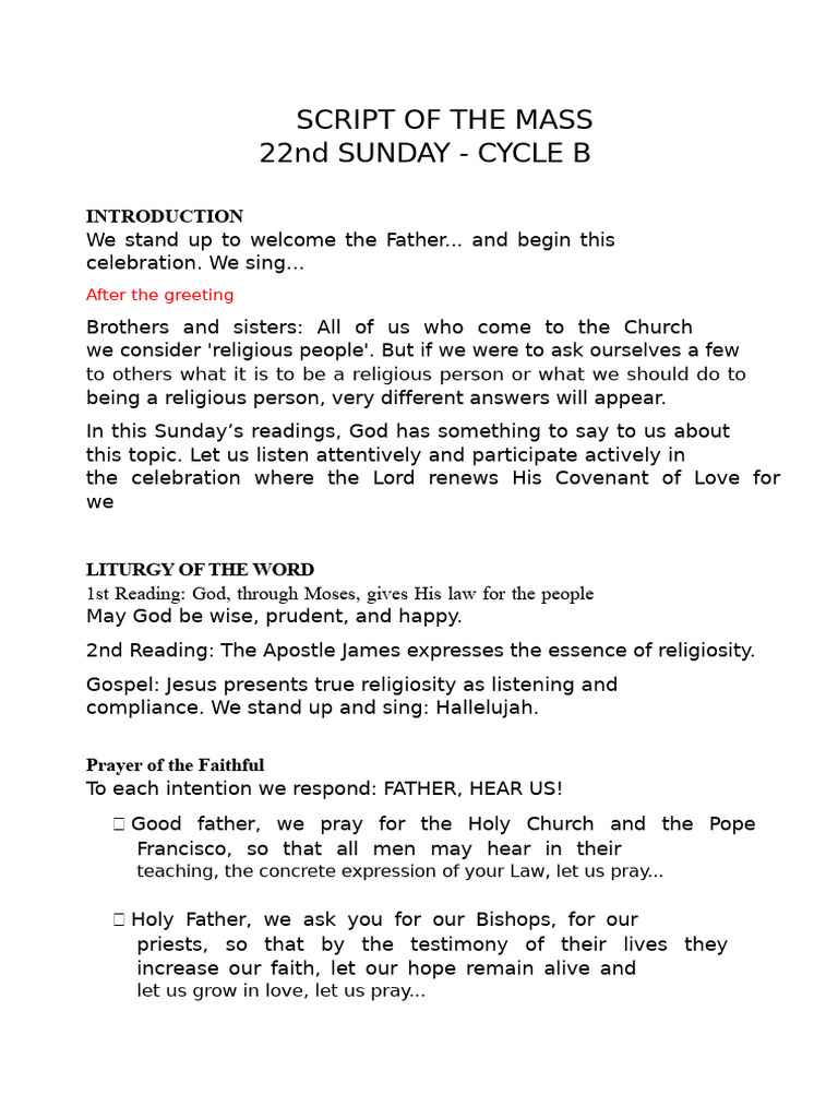 22nd Sunday Mass Script - Cycle B | PDF | Eucharist | Mass (Liturgy)
