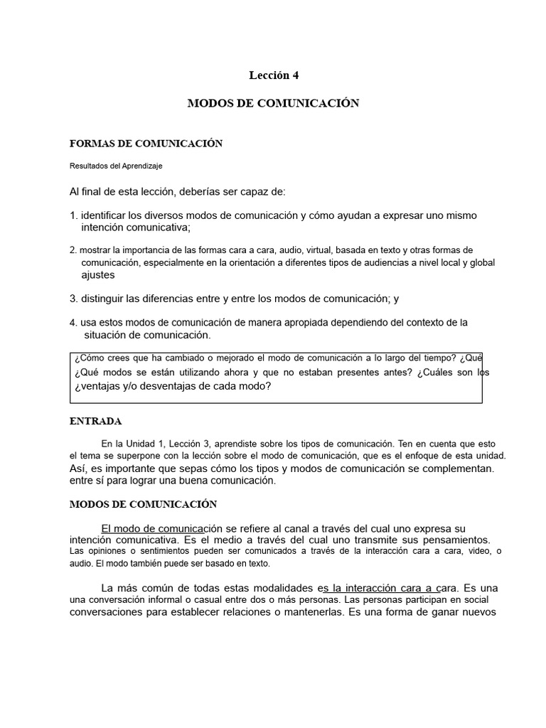 Modos de Comunicación en Lección 4 | PDF | Comunicación | Videotelefonía
