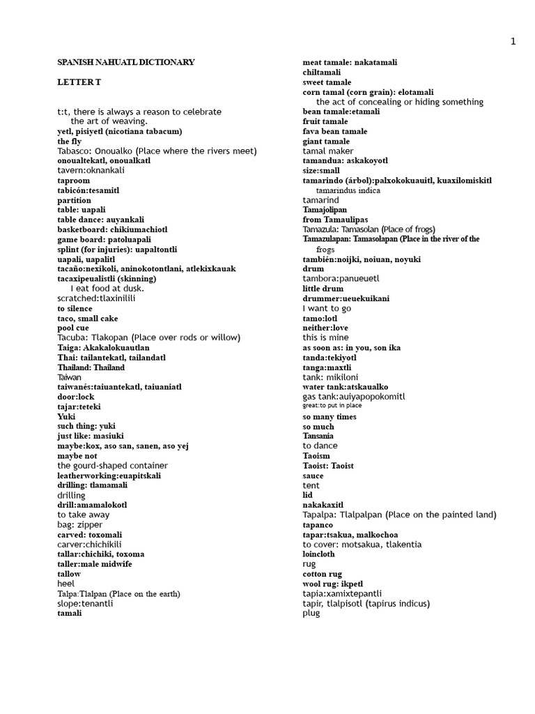 Spanish Nahuatl Dictionary - Letter T | PDF