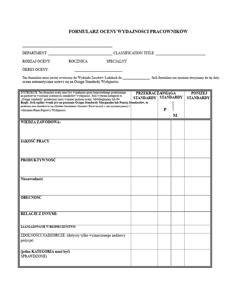 Formularz Oceny Wykonania Pracowników | PDF
