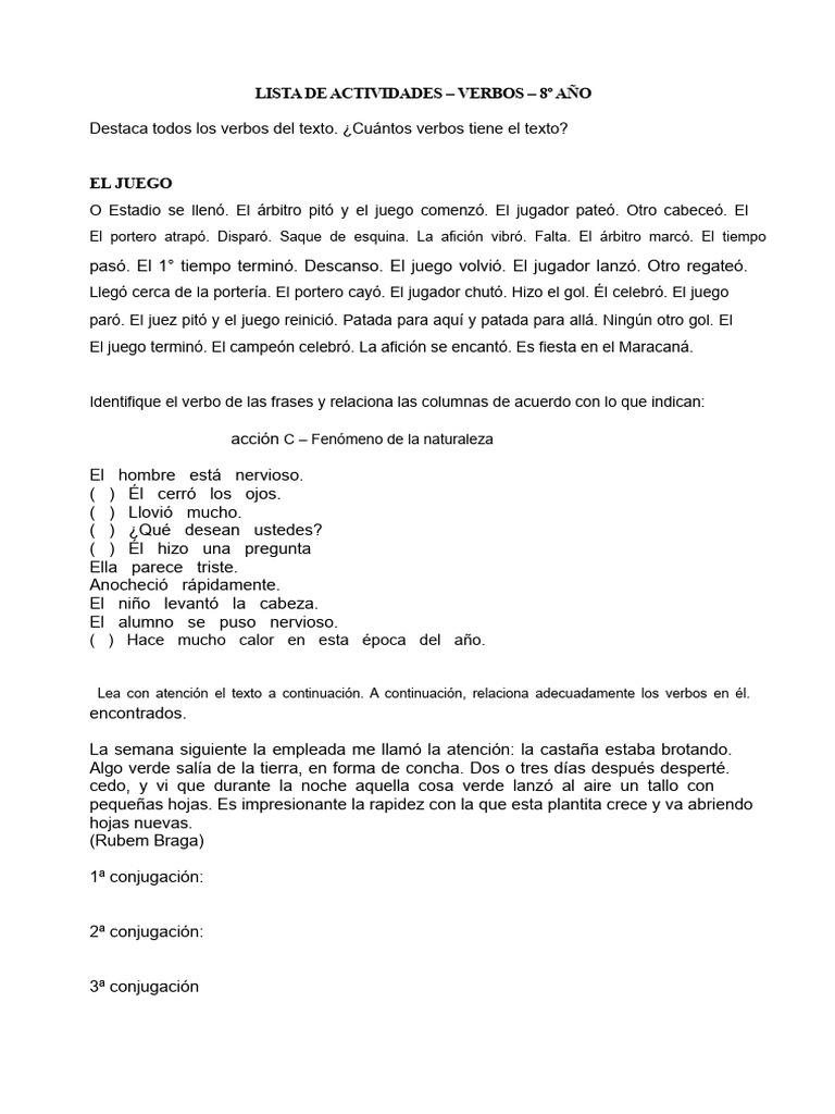 Actividades de Verbos para 8º Año | PDF | Relaciones sintácticas ...