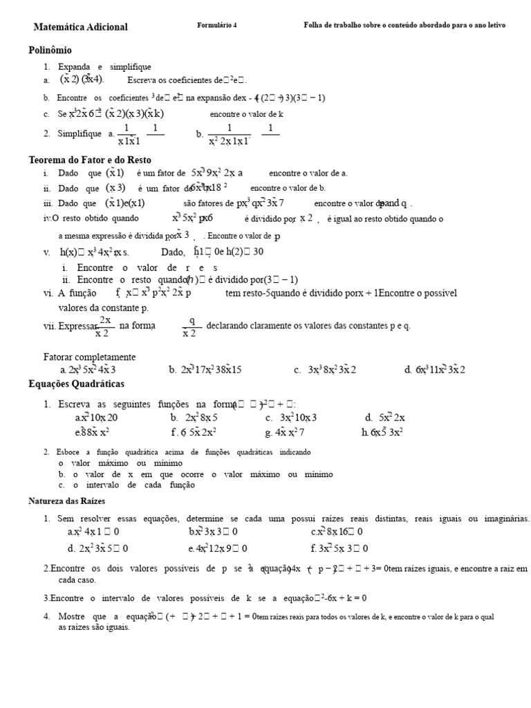 Adicionar Folha de Exercícios de Matemática | PDF | Equações | Equação ...