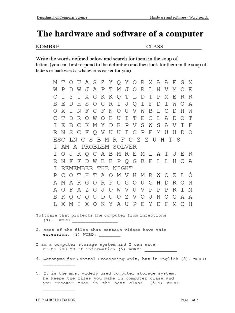 Word Search - The Hardware and Software of A Computer With Definitions | PDF | Computer Hardware ...