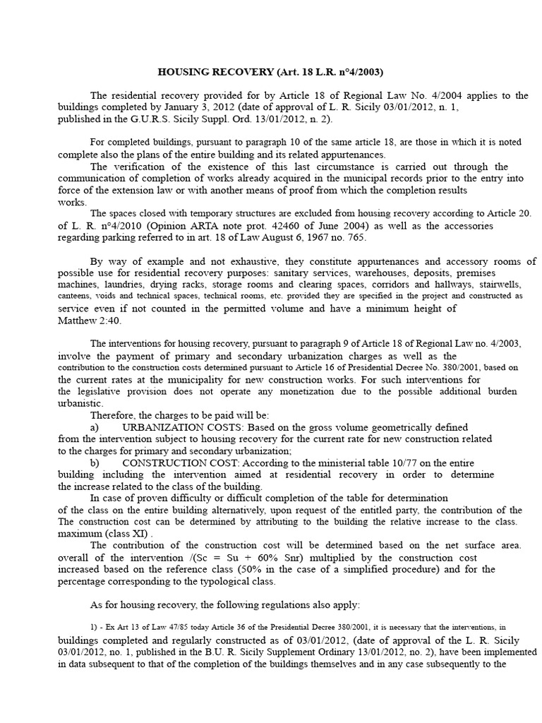 Residential Recovery Art. 18 L.R. n4.2003 Concepts | PDF