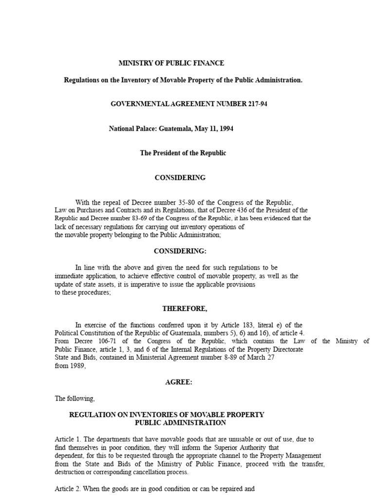 Regulation Inventories of Movable Goods Government Agreement 217-94 ...