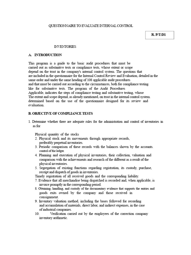 Questionnaire To Evaluate Internal Control of Inventories and Suppliers ...