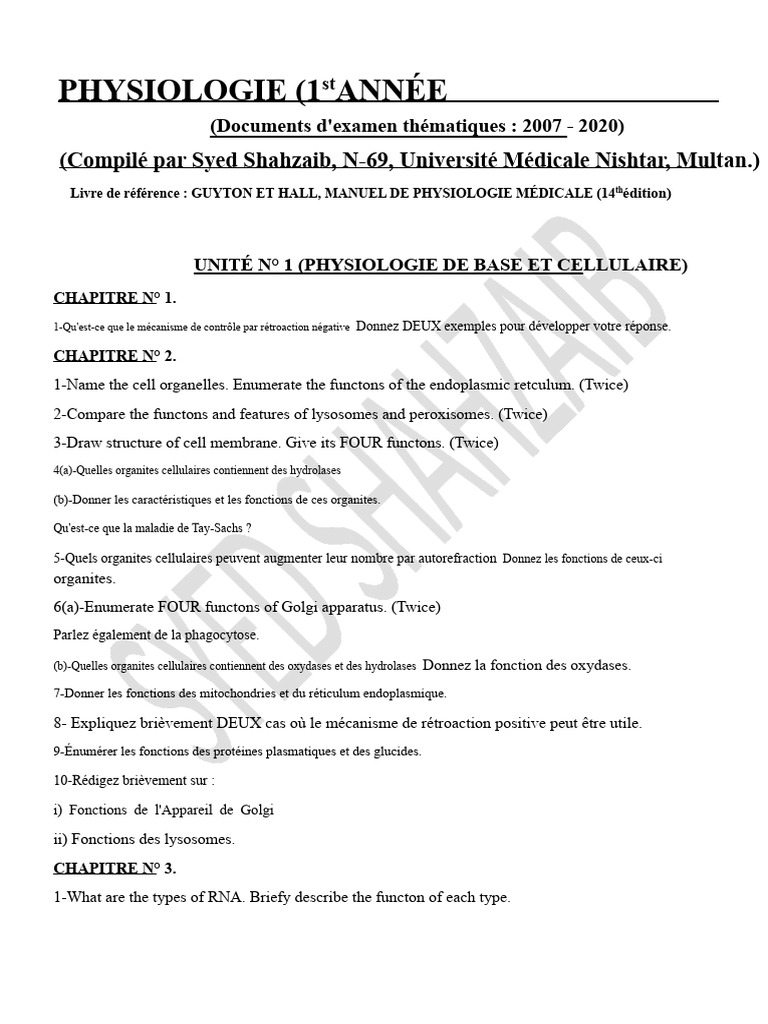 Examen de Physiologie Médicale 2020 | PDF | Muscle | Contraction du muscle