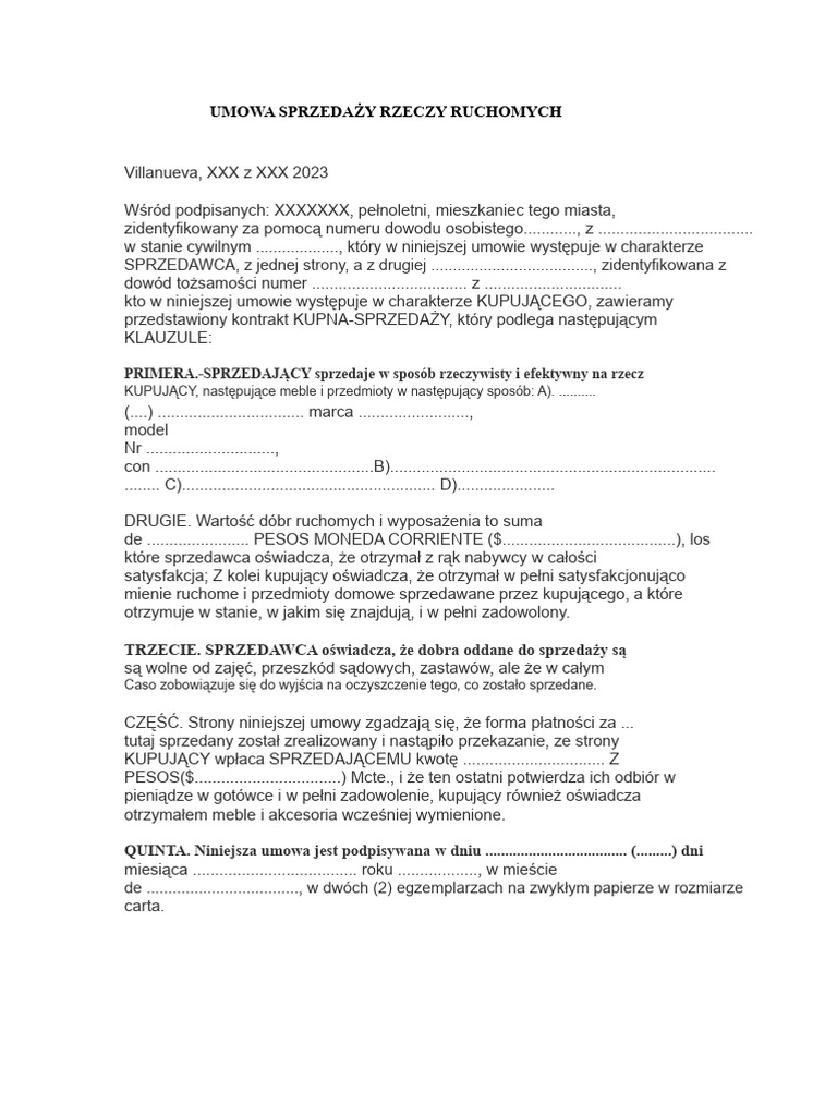Umowa Sprzedaży Rzeczy Ruchomych | PDF