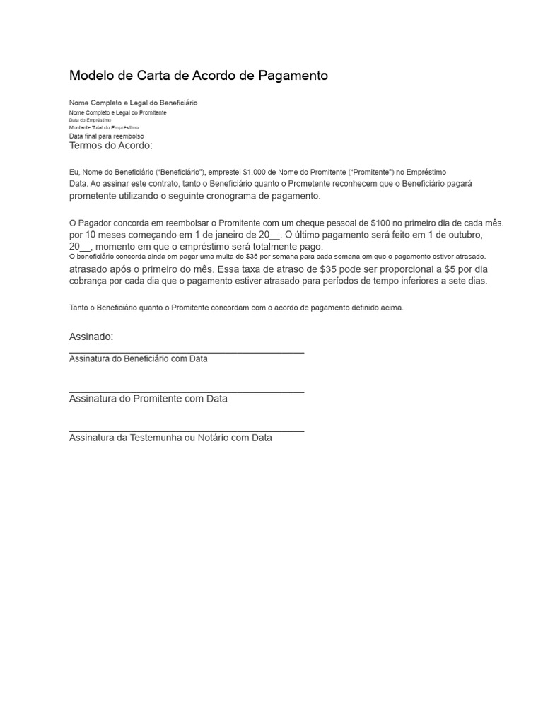 Modelo de Acordo de Pagamento de Empréstimo | PDF