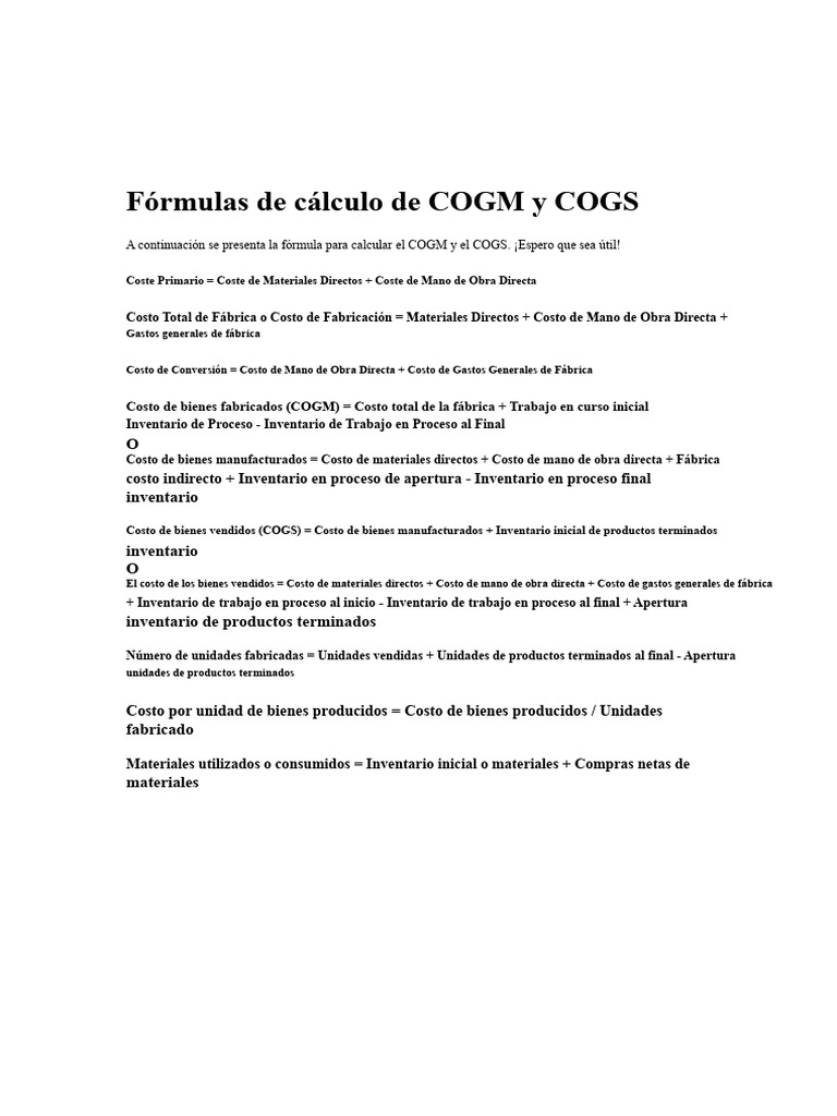 Fórmulas para El Cálculo de COGM y COGS | PDF