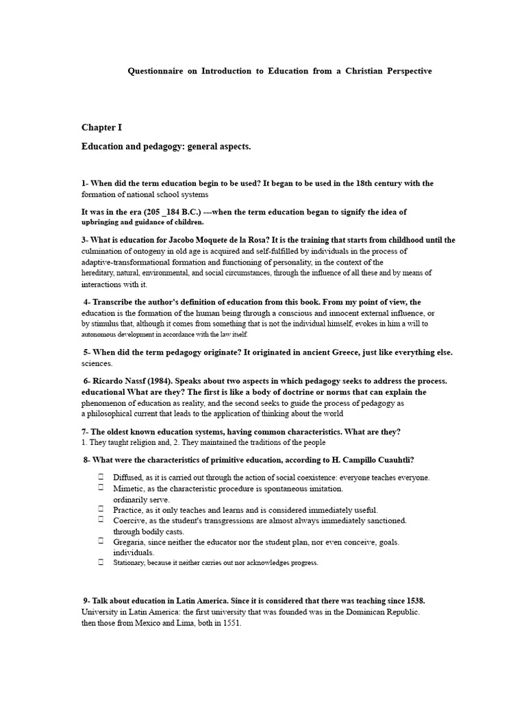 Introduction To Education Questionnaire: A Christian Perspective | PDF ...