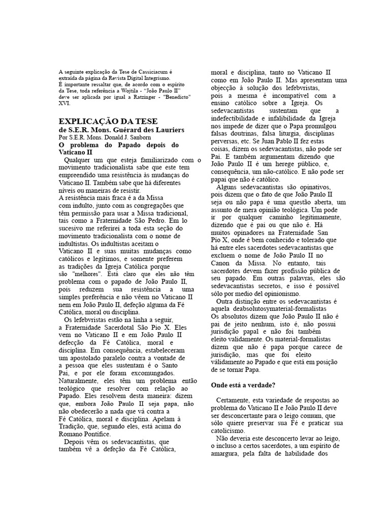 Explicação Da Tese de Cassiciacum | PDF | Papa | Concílio Vaticano II