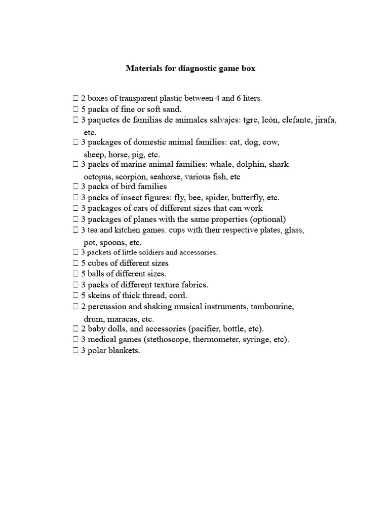 Diagnostic Game Box Materials List | PDF