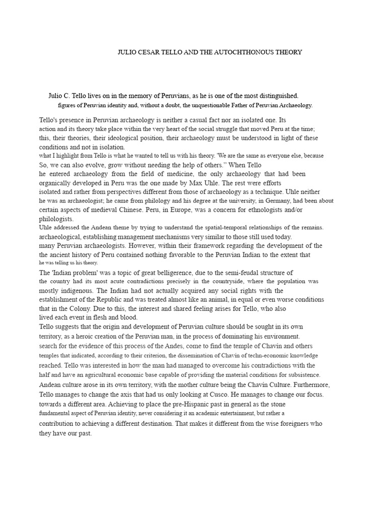 Julio Cesar Tello and The Autochthonous Theory | PDF | Peru | Archaeology