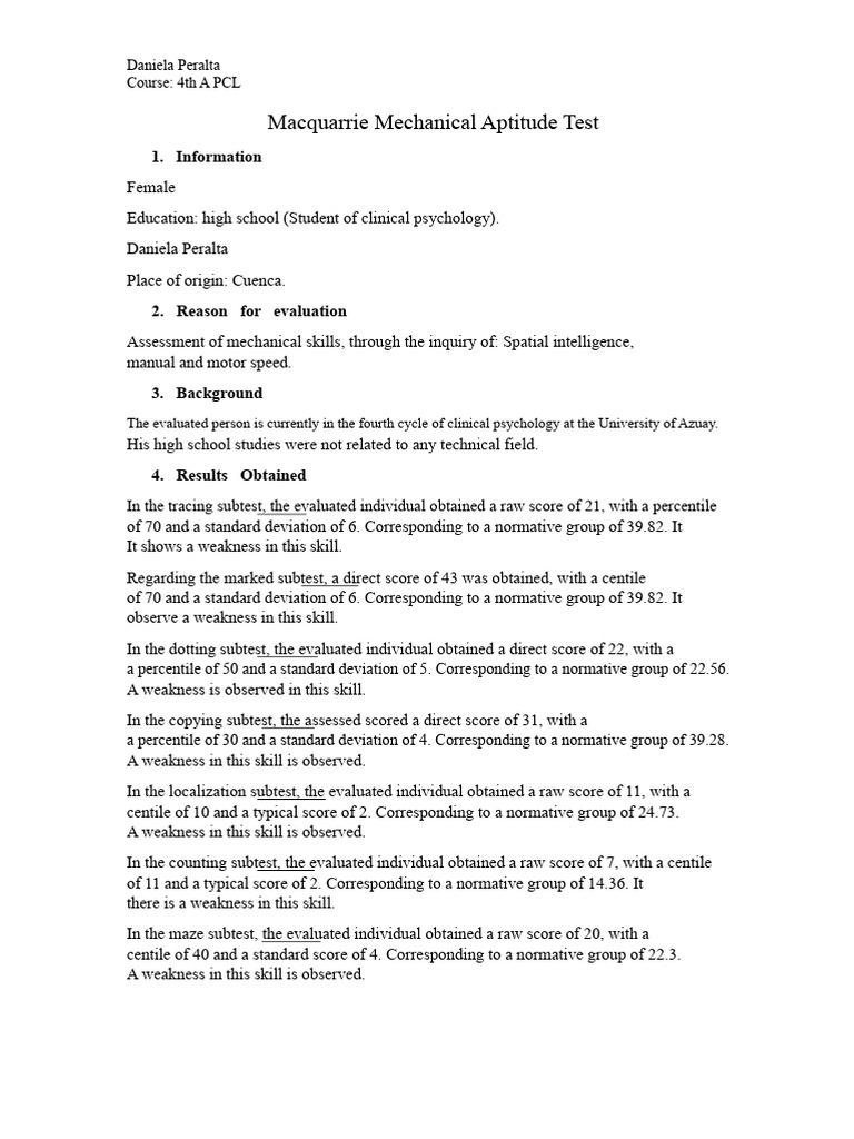Macquarrie Mechanical Aptitude Test | PDF | Percentile | Cognition