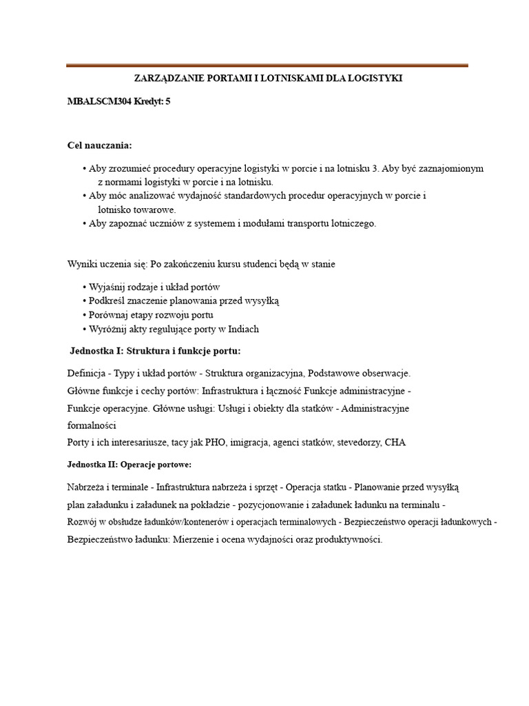 Zarządzanie Portem I Lotniskiem Dla Logistyki | PDF
