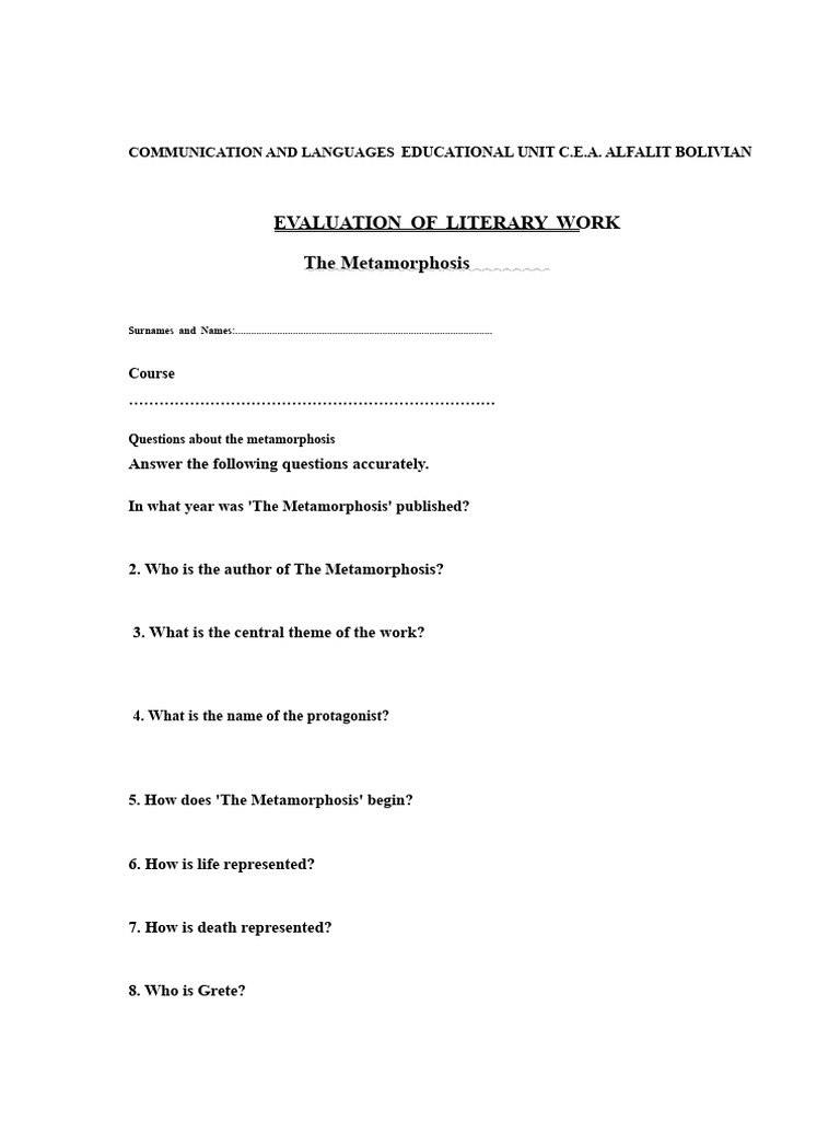 Evaluation of The Work The Metamorphosis | PDF
