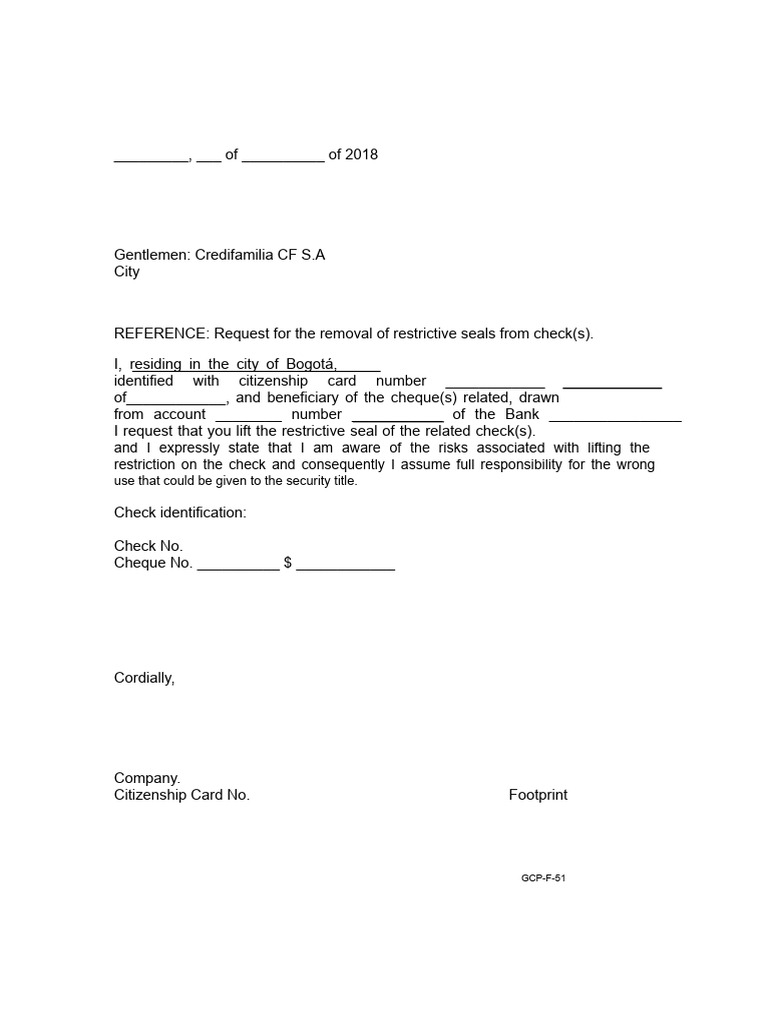 Letter for Lifting Restrictive Check Stamps | PDF