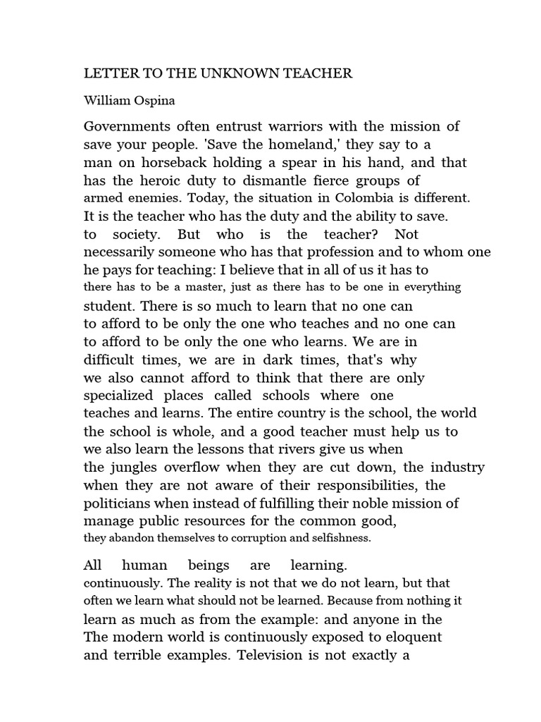 Letter to the Unknown Teacher | PDF | Teachers | Thought