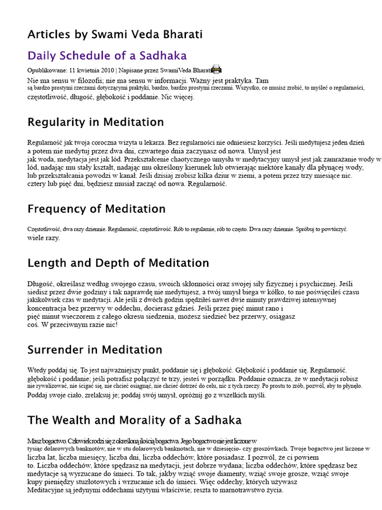 Codzienny Harmonogram Sadhaki - Swami Veda Bharati | PDF