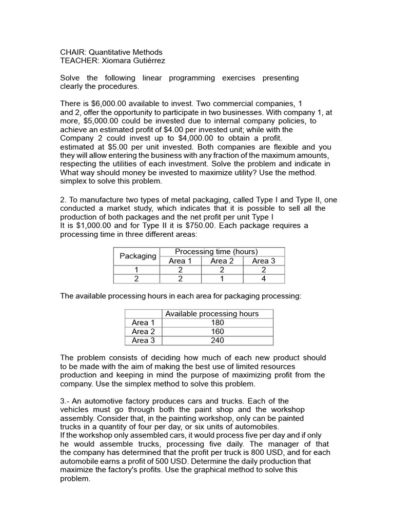 Exercises in Quantitative Methods | PDF | Linear Programming | Car